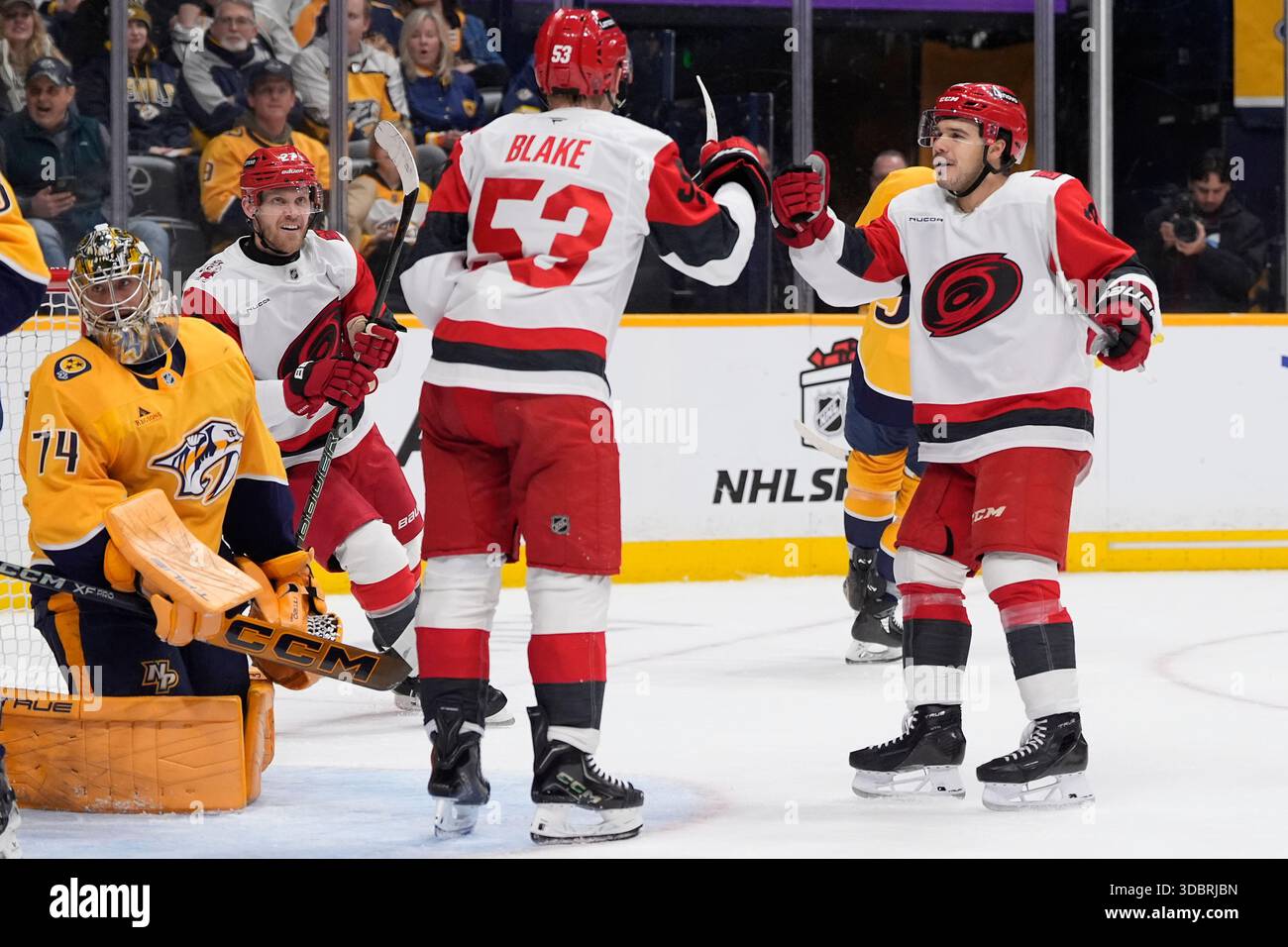 Carolina Hurricanes right wing Jackson Blake (53) celebrates his goal ...