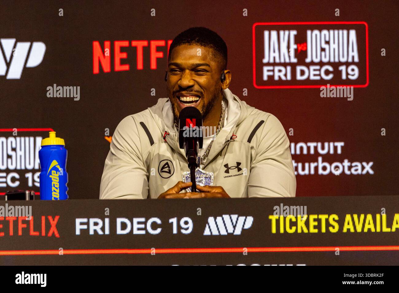 Anthony Joshua laughs during the press conference for the upcoming Jake ...