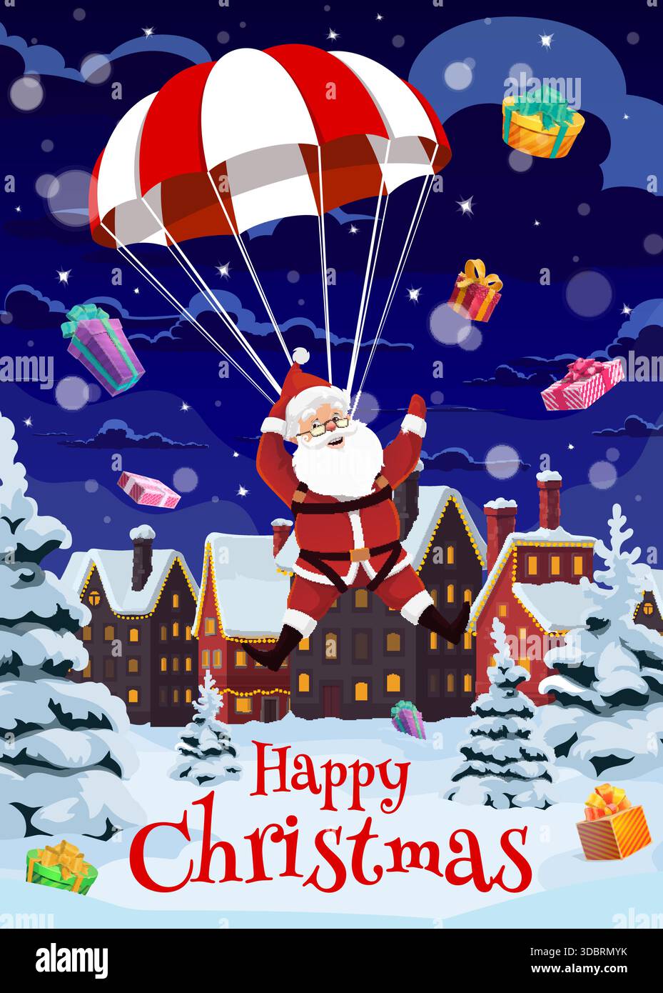 Merry Christmas holiday greeting card with Santa on parachute, cartoon ...