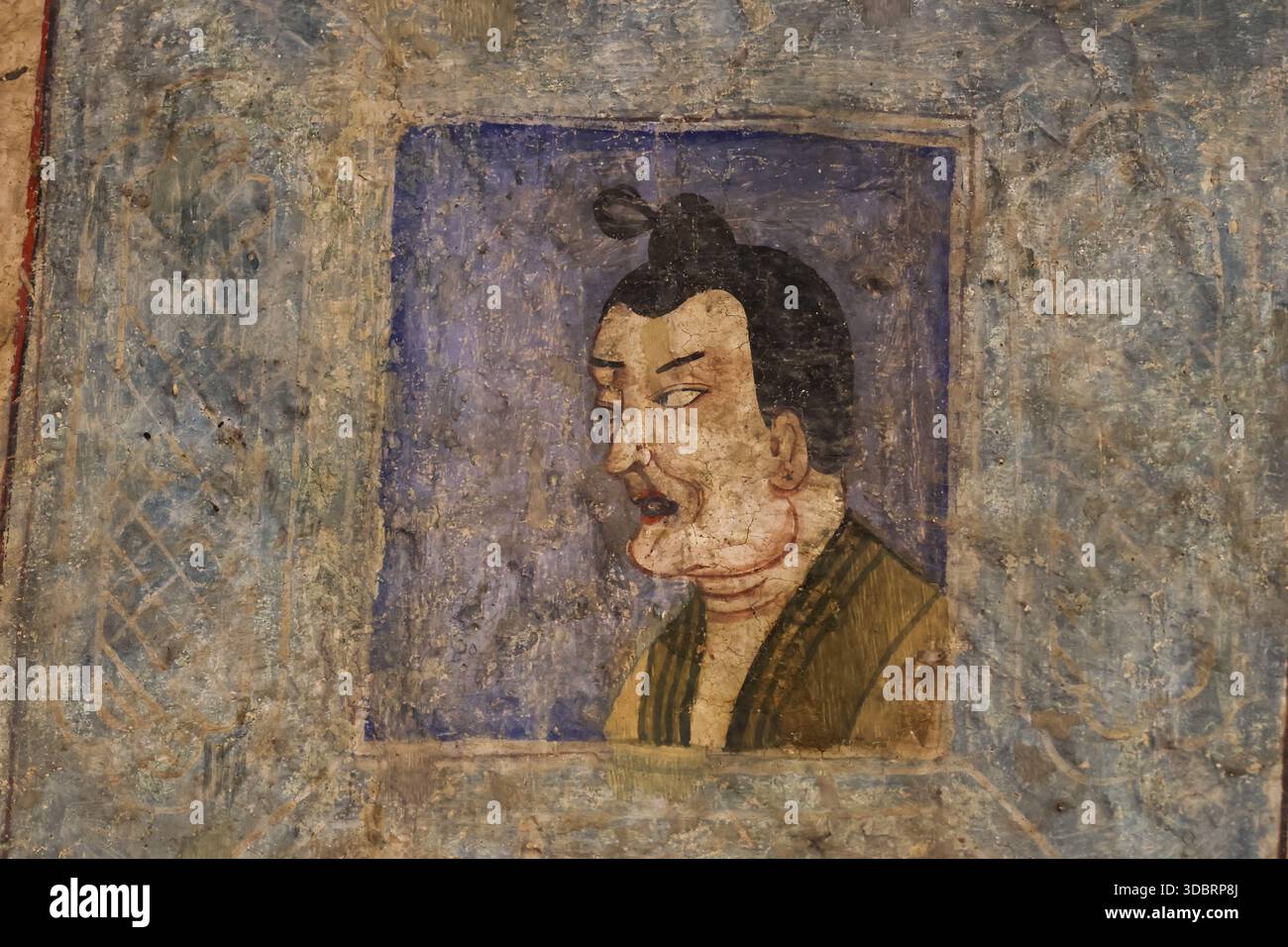 Ancient weathered mural painting fragment of screaming man with ...