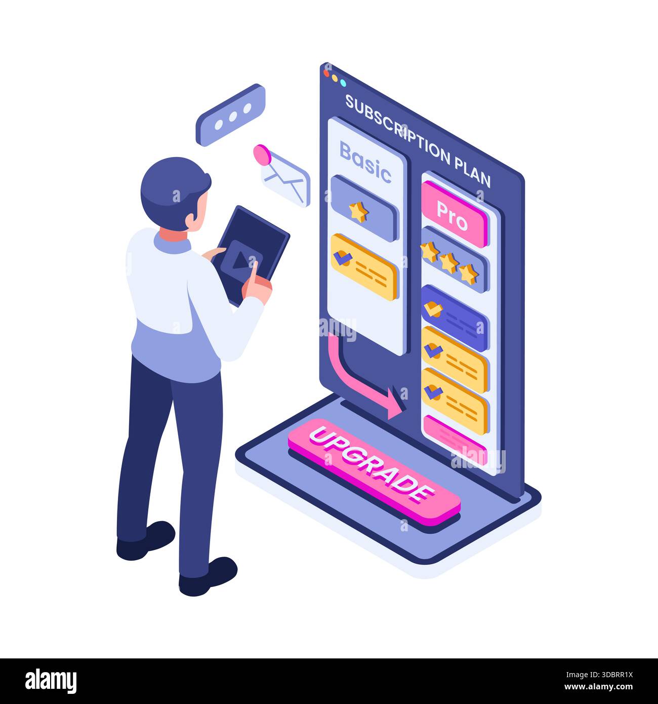 Isometric User Upgrading Subscription Plan from Basic to Pro ...