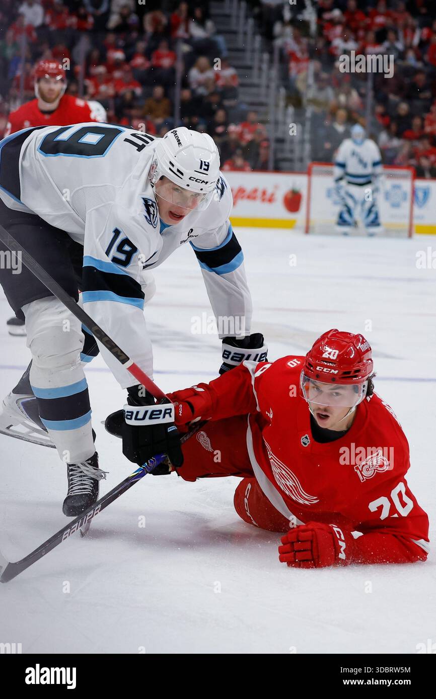 Detroit Red Wings defenseman Albert Johansson (20) is pushed down by ...