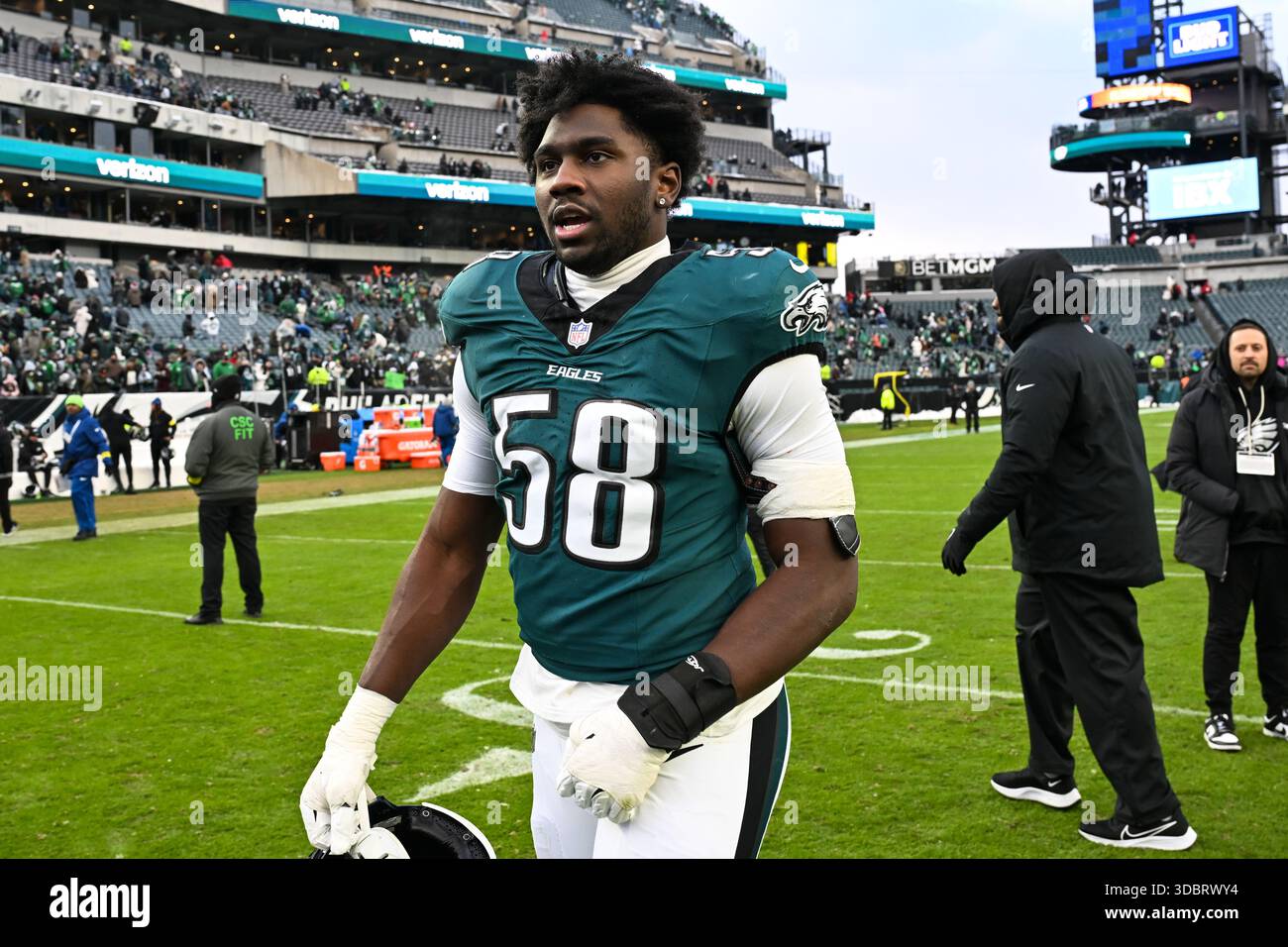 Philadelphia Eagles linebacker Jalyx Hunt (58) walks off the field ...
