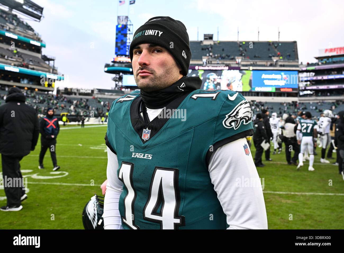Philadelphia Eagles quarterback Sam Howell (14) walks off the field ...