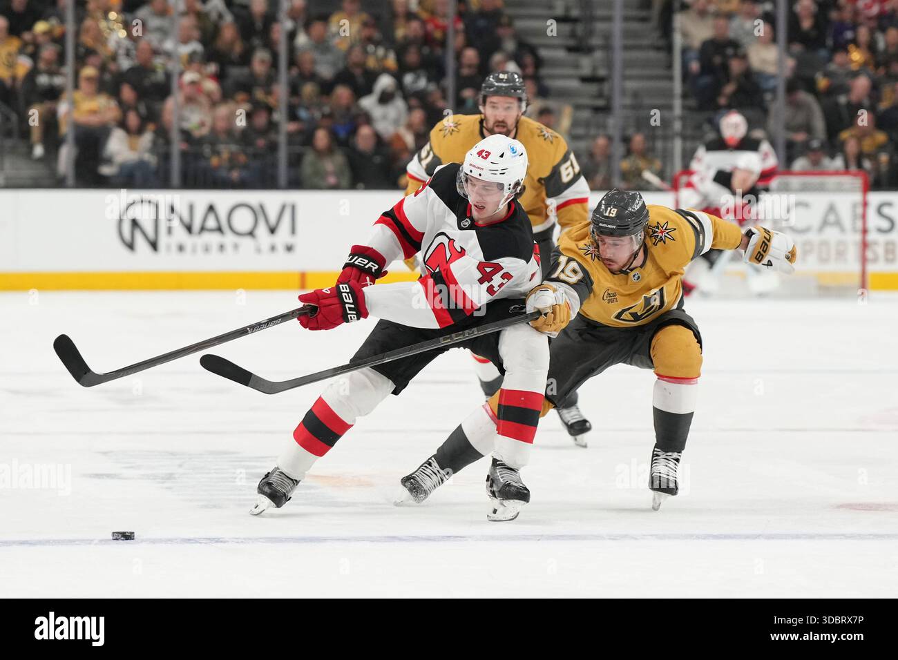 New Jersey Devils defenseman Luke Hughes (43) and Vegas Golden Knights ...