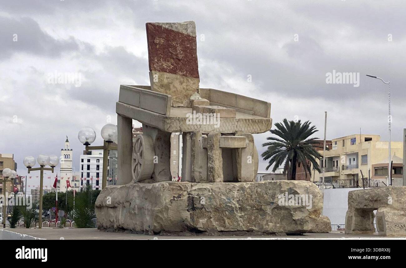 This photo shows a memorial statue modeled after the cart used by ...
