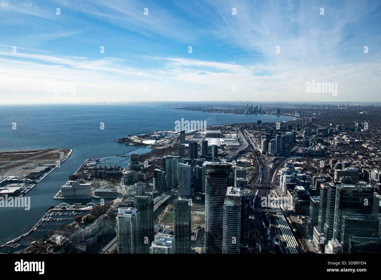West view from CN Tower upper observation deck in downtown Toronto ...