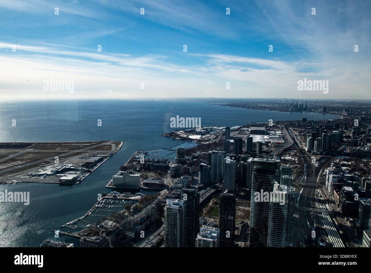 West view from CN Tower upper observation deck in downtown Toronto ...