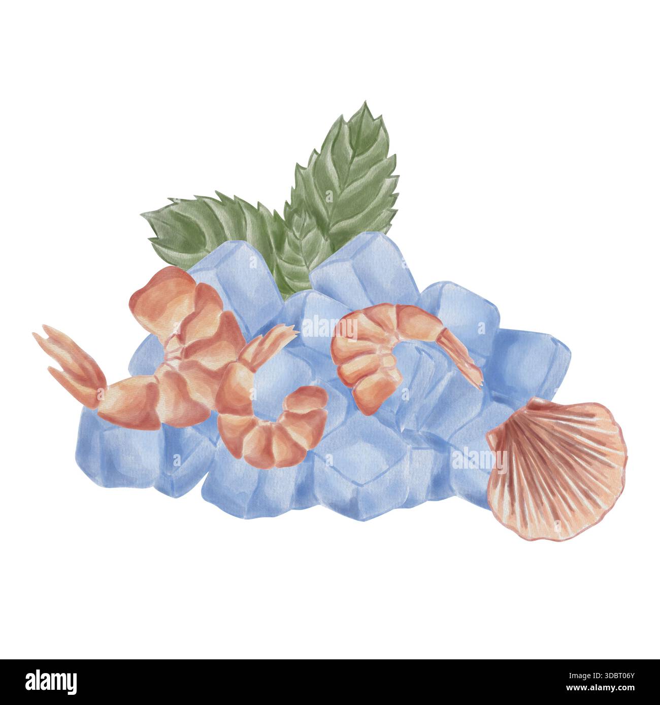 Shrimp and shellfish rest on ice cubes with a mint leaf in the ...