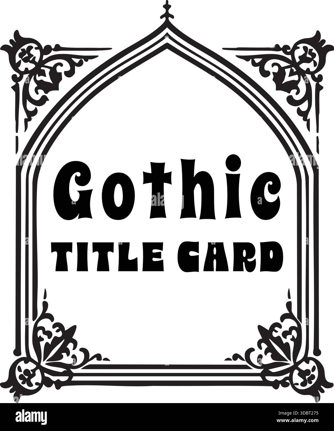Black ornamental arch with gothic flourishes encloses bold headline for ...