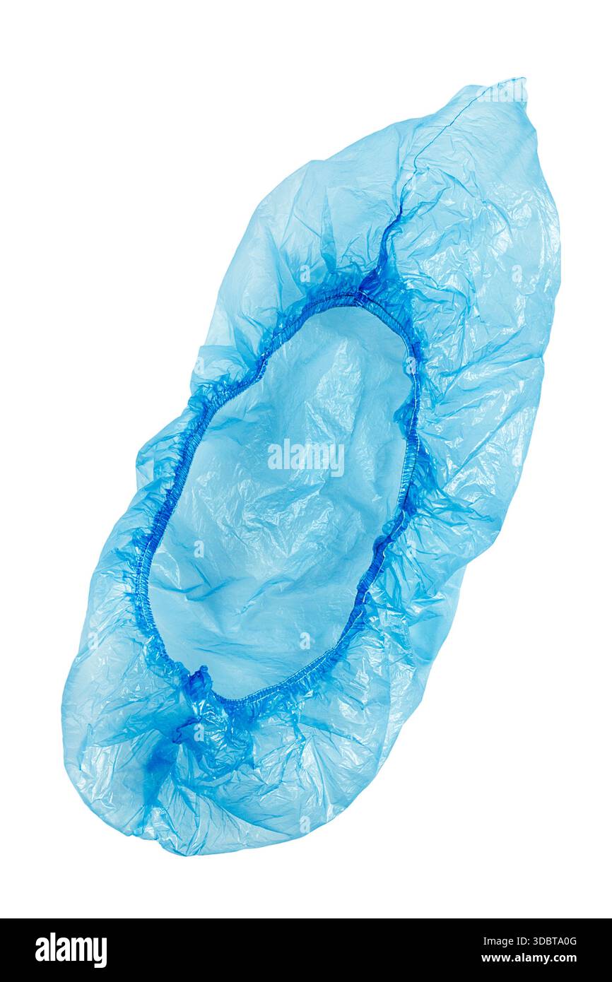 Blue plastic disposable shoe cover isolated over white Stock Photo - Alamy