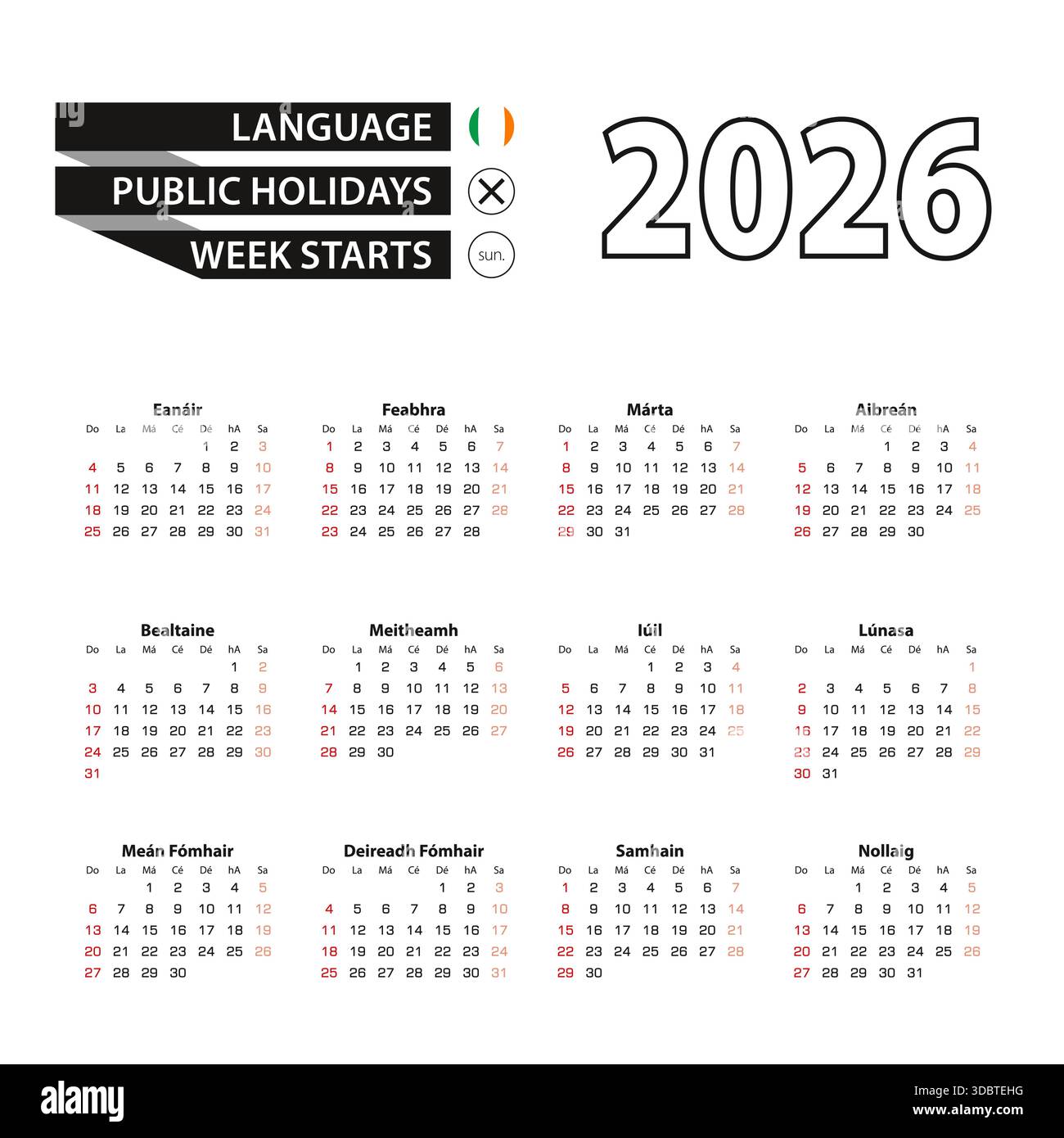 2026 calendar in Irish language, week starts from Sunday. Vector ...