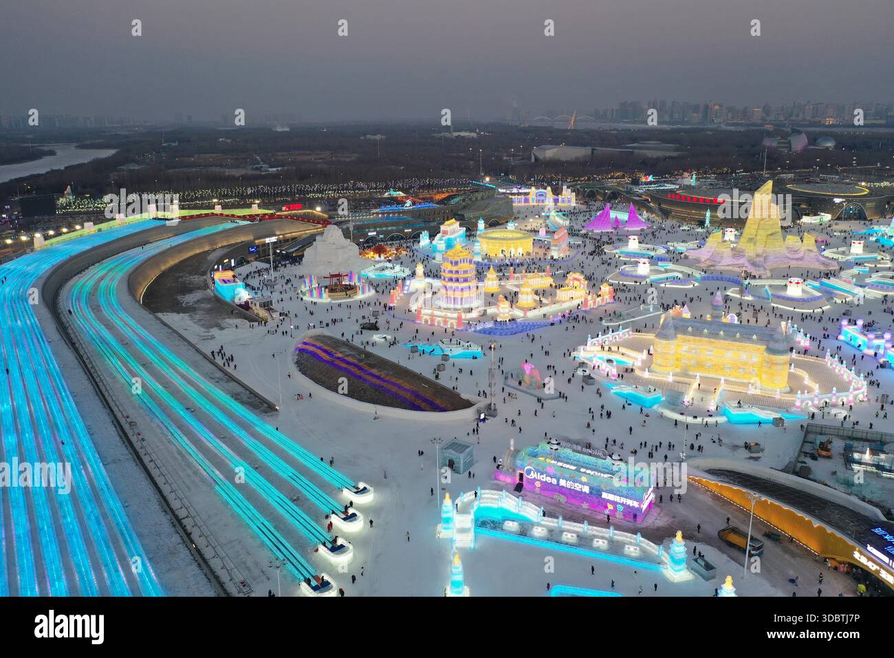 Aerial photo shows the night view of the 27th Harbin Ice-Snow World in ...
