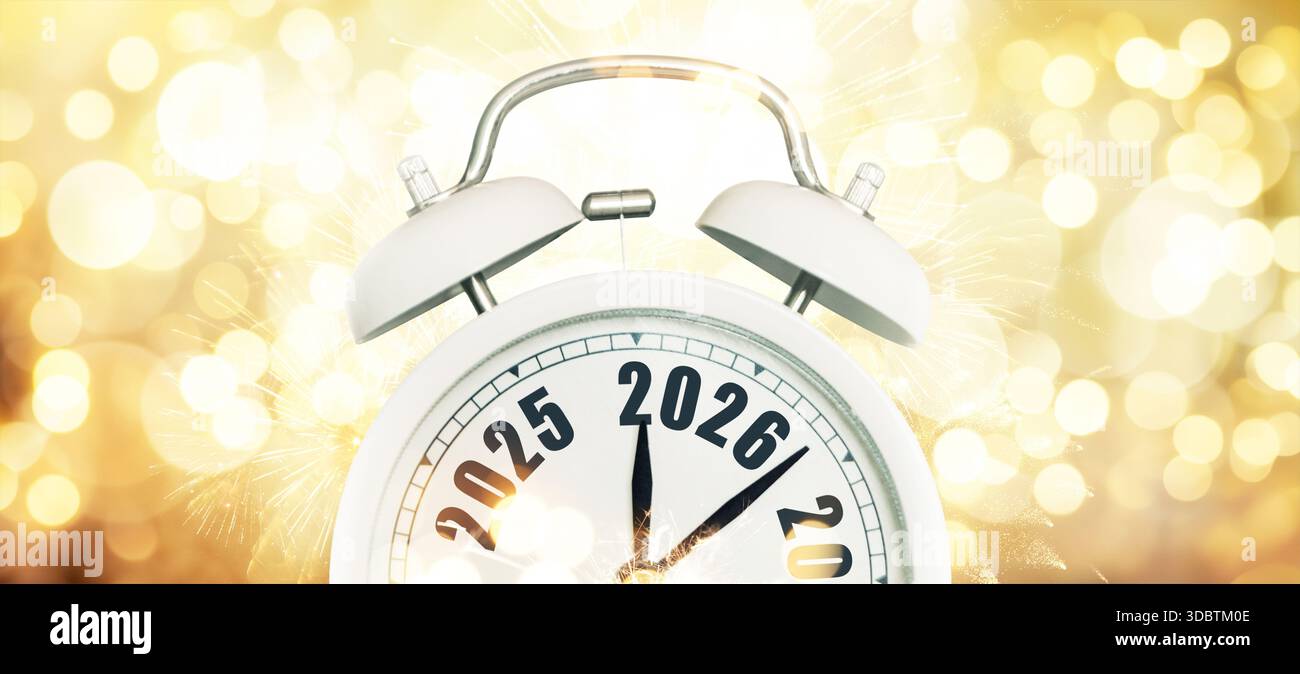 New Year 2026 Countdown. White Alarm Clock Showing Transition From 2025 ...