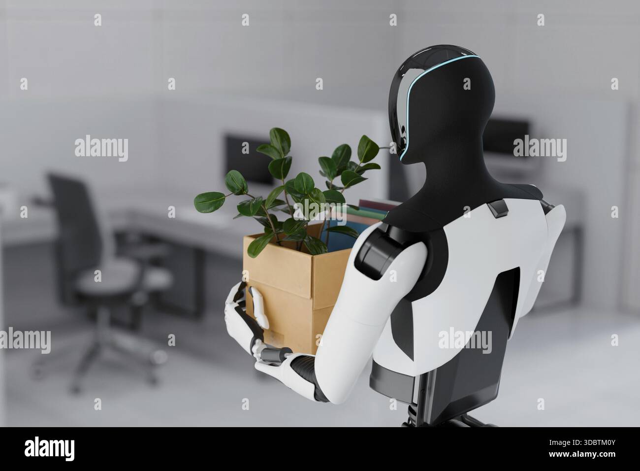 Rear View Of An AI Robot Carrying Its Personal Box Out Of The Office ...
