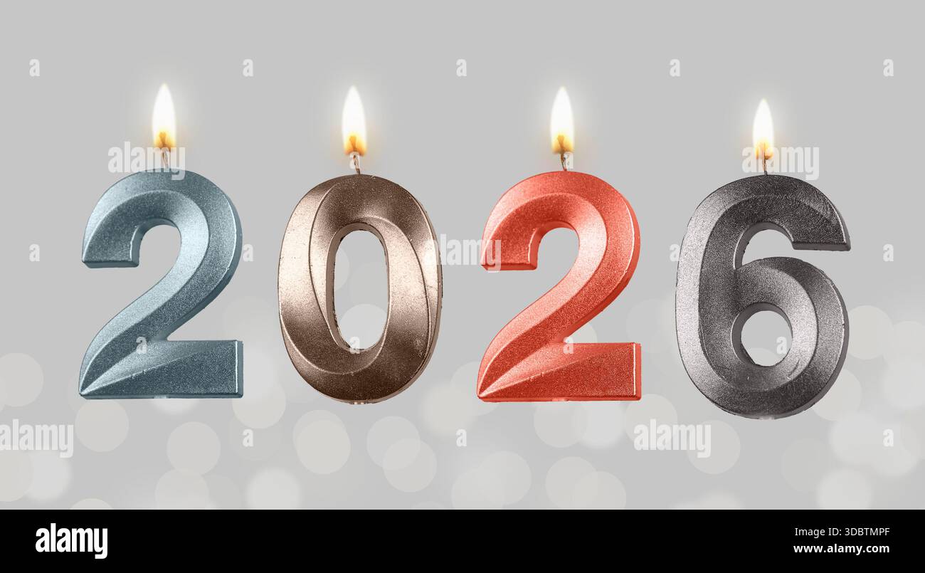 Bright glossy 2026 candles shining as New Year symbol, glowing flame ...