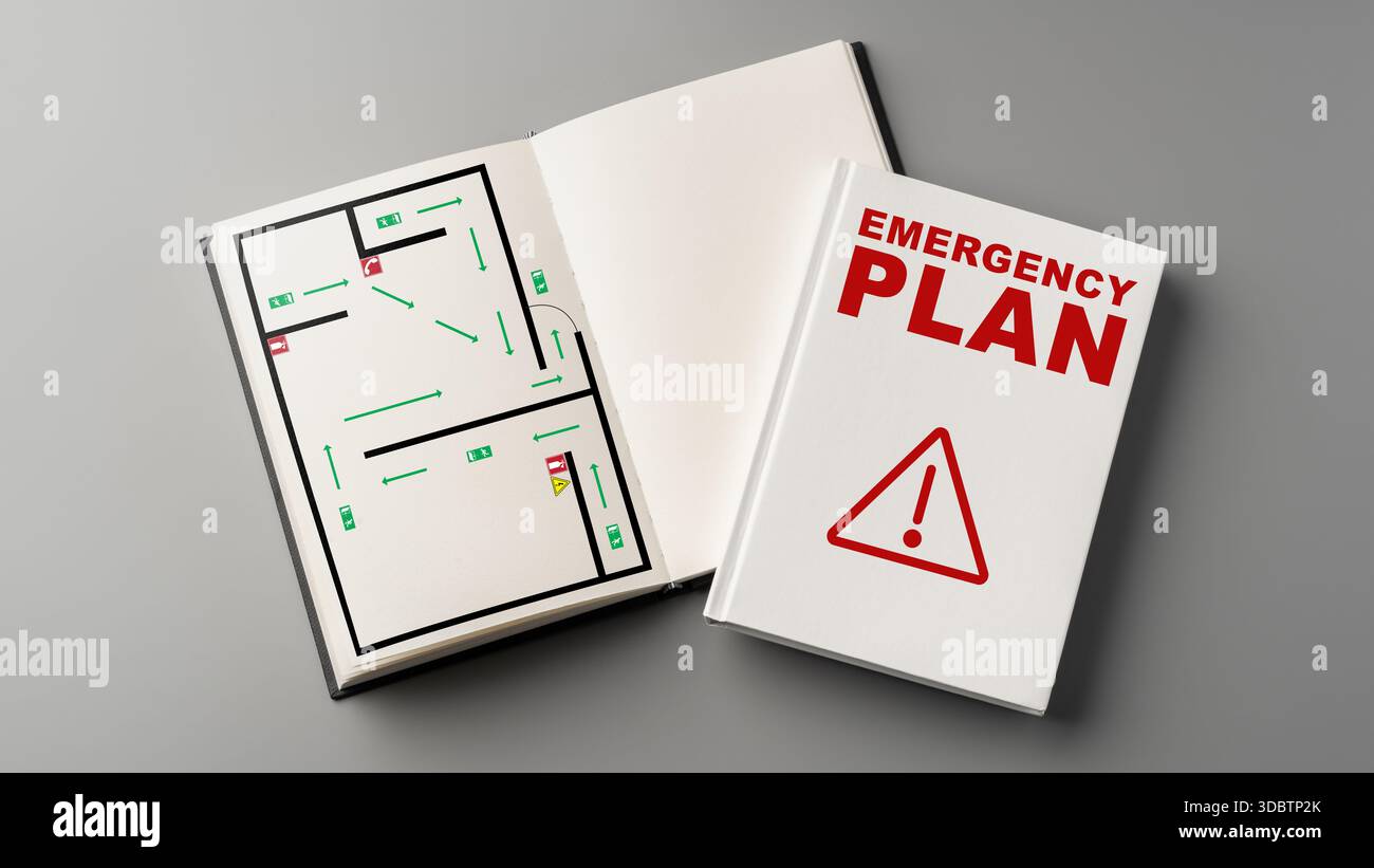 Emergency plan book showing safety map and guidelines for crisis ...