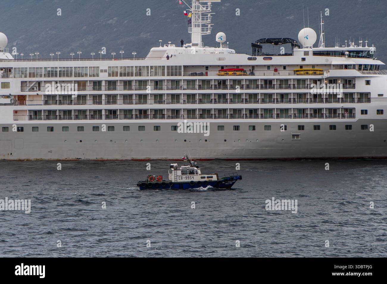 Aerial view of a pilot boat sailing in front of a large cruise ship ...