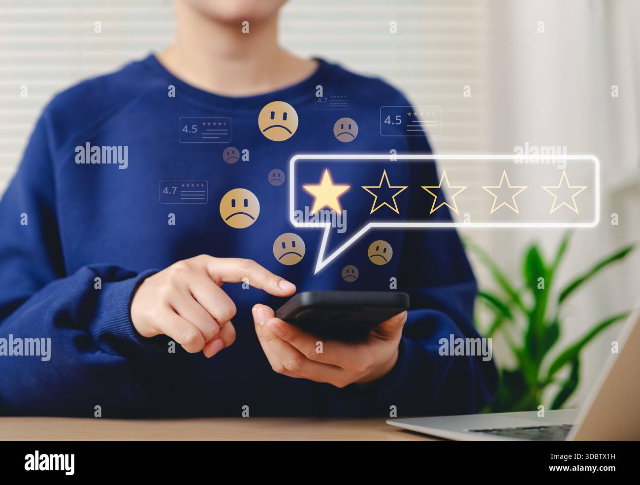 Negative customer review, online feedback concept. Woman using ...