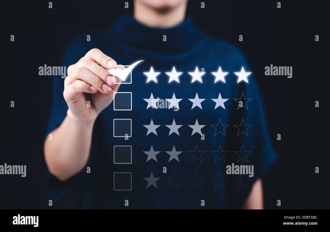 Customer satisfaction and rating review concept. Woman selecting five ...