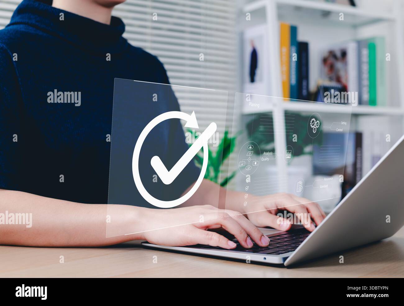 Quality assurance and certification process. Woman working on laptop ...