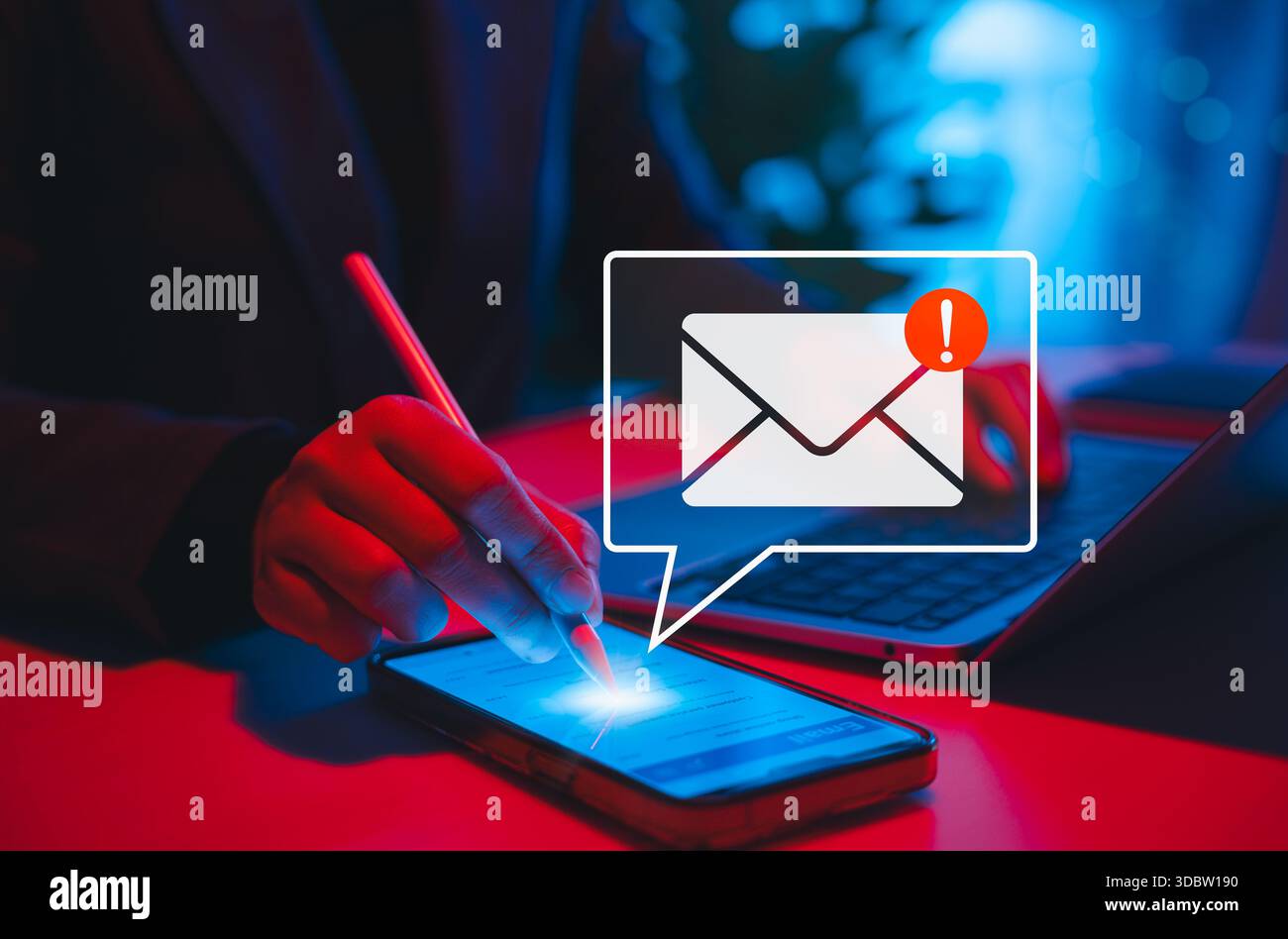 Email security threat notification and spam warning concept. Person ...