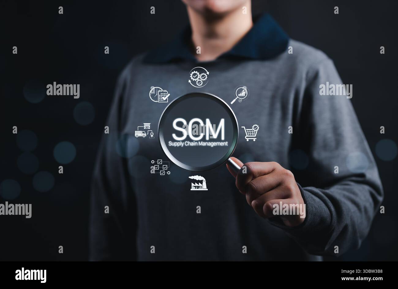 SCM Supply Chain Management Concept. Person holds magnifying glass ...