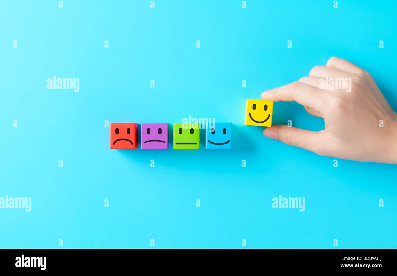 Customer Satisfaction Feedback Concept. Hand selecting smiling face ...