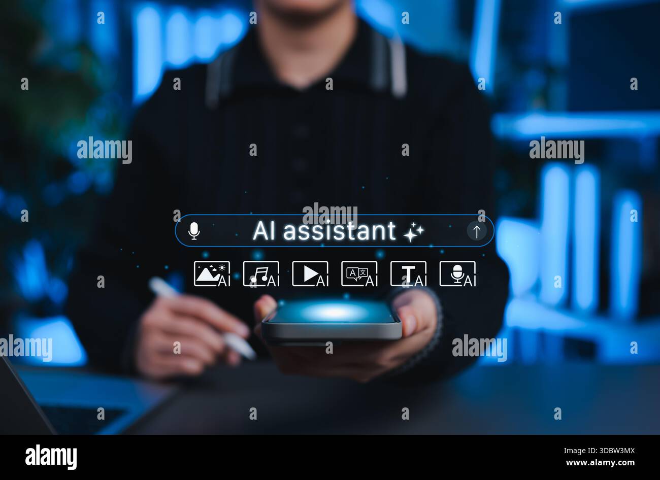 AI assistant technology concept. User holding smartphone with glowing ...