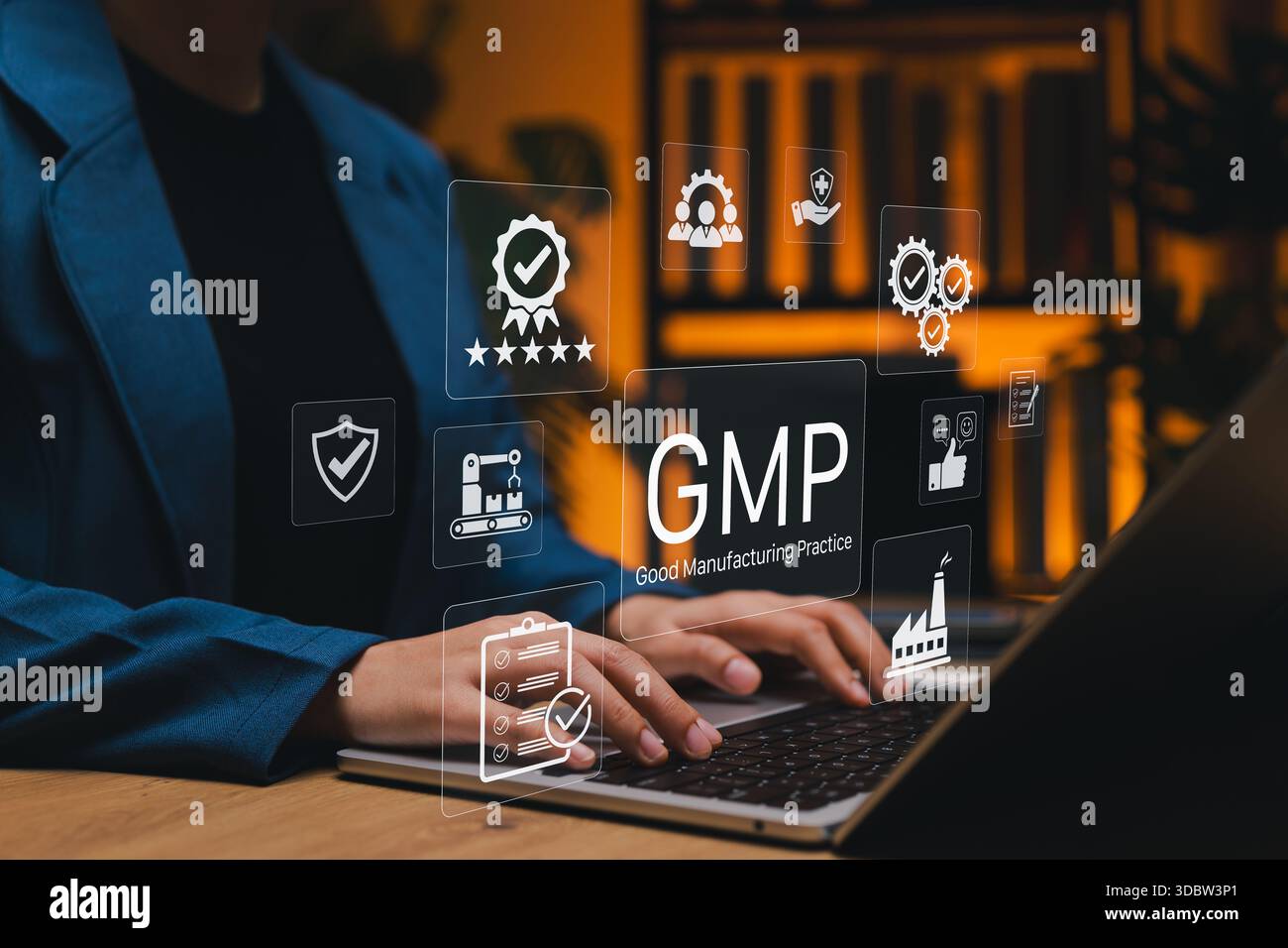GMP concept. Good Manufacturing Practice, Businesswoman using laptop ...