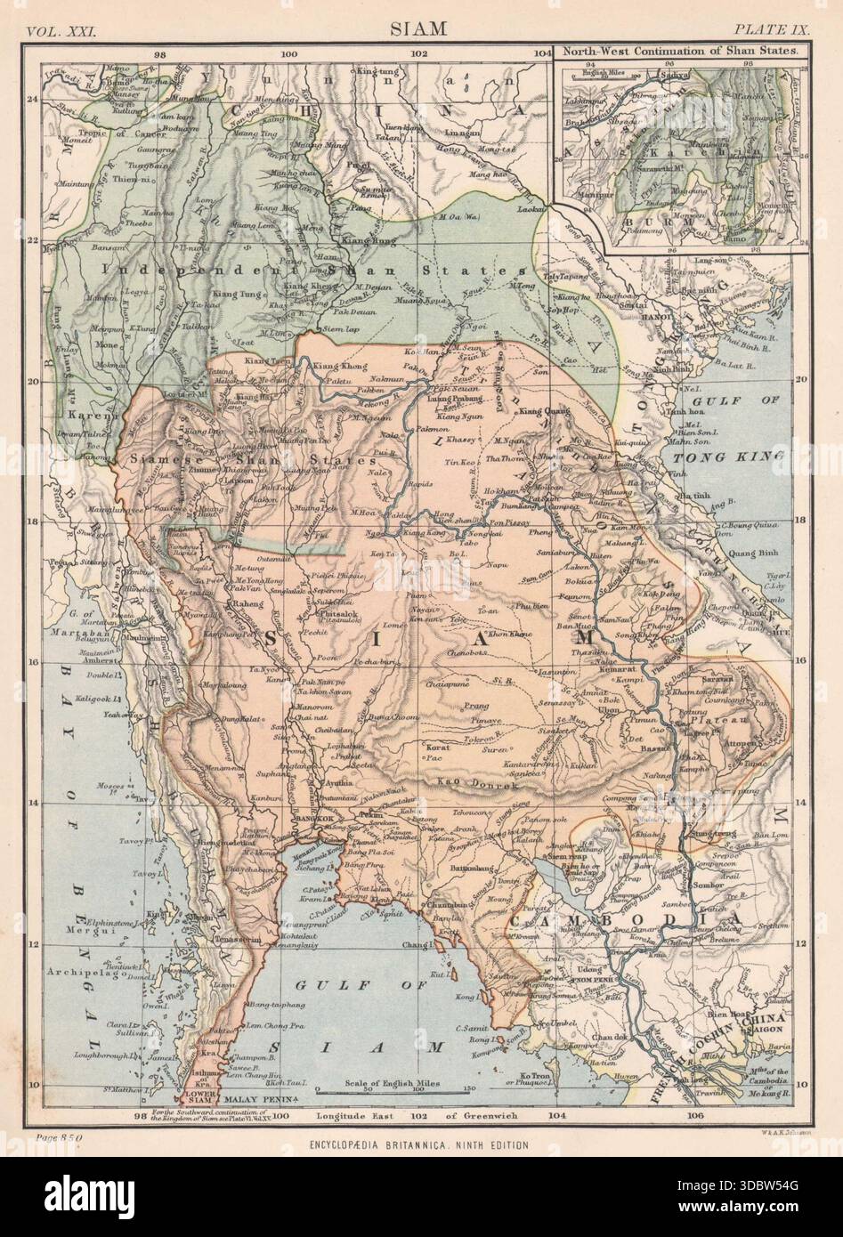 'Siam' in 1892 map by Britannica, Encyclopaedia. Antique coloured map ...
