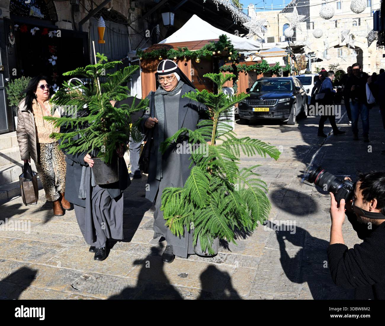 Photographers take photos of nuns carrying Christmas trees distributed ...