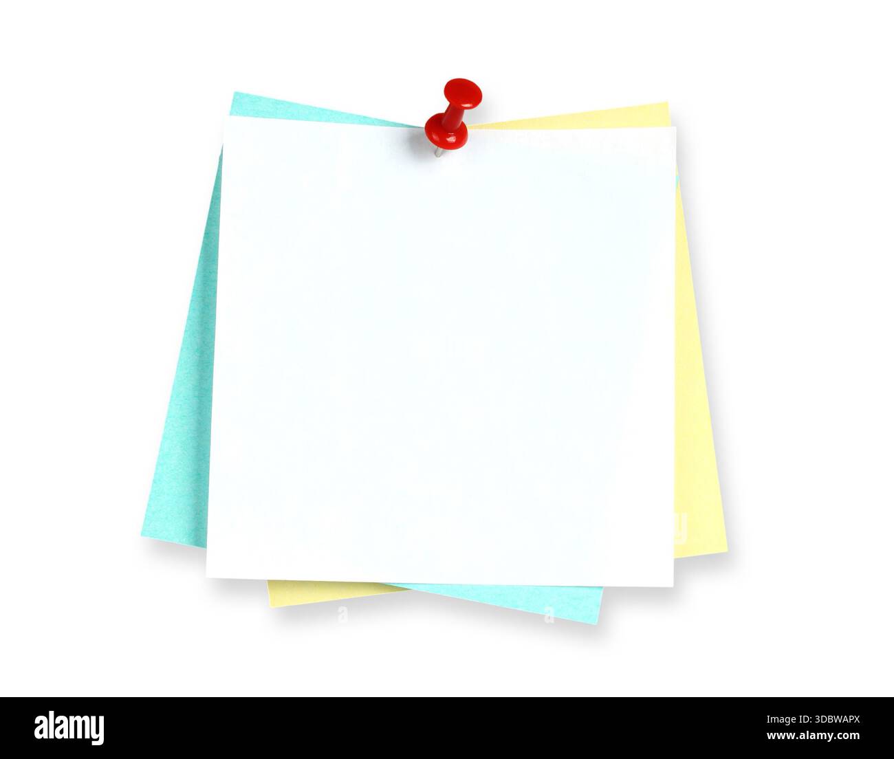 Blank sheets of paper for notes pinned by red pin, isolated on ...