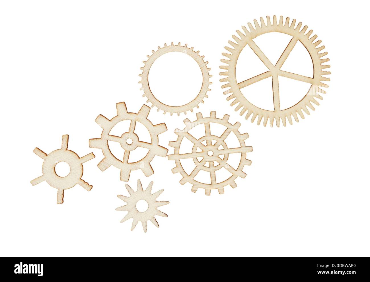 Collection of wooden mechanical gears with detailed texture and ...