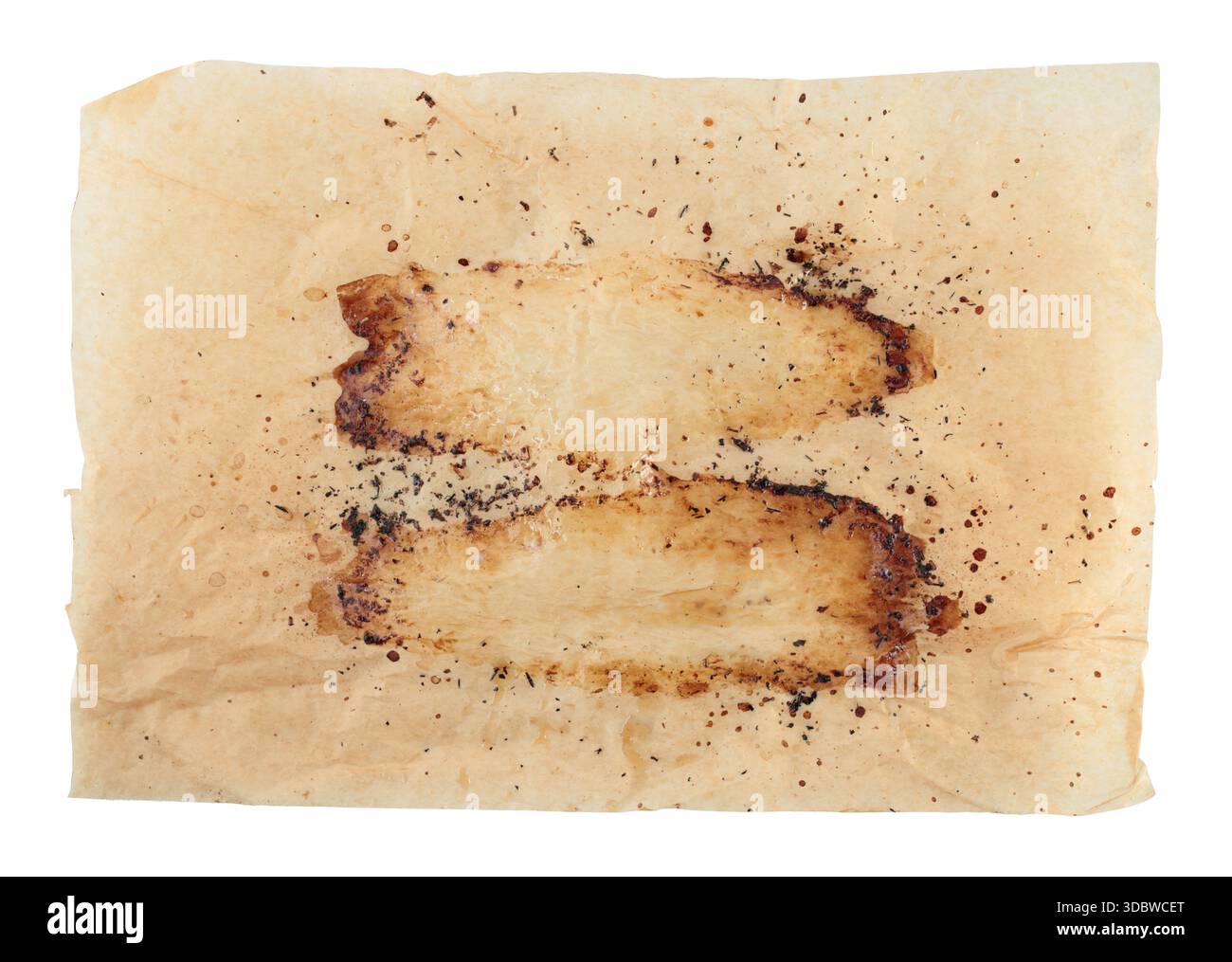 Kitchen parchment sheet with baked fish fillet stains, isolated on a ...