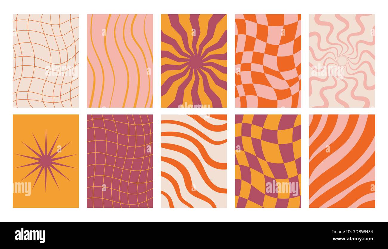 Set of groovy retro posters with checkered, striped and wavy textures ...