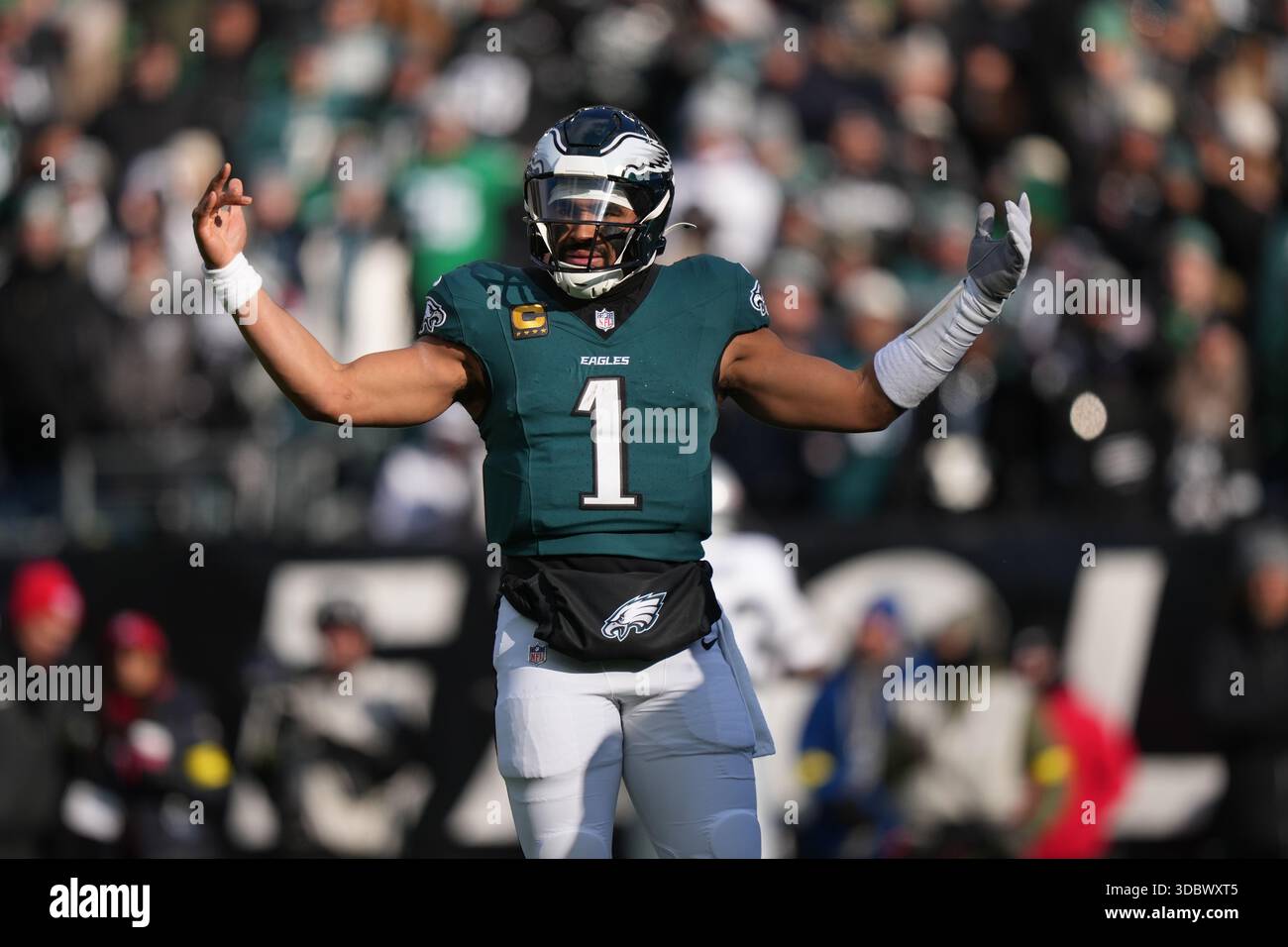 Philadelphia Eagles' Jalen Hurts reacts during an NFL football game ...