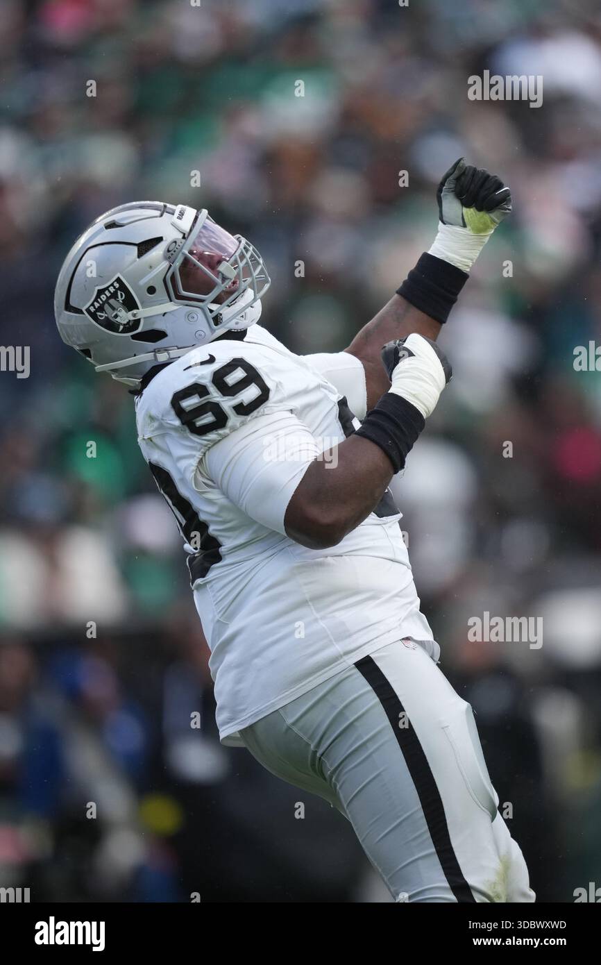 Las Vegas Raiders' Adam Butler reacts during an NFL football game ...