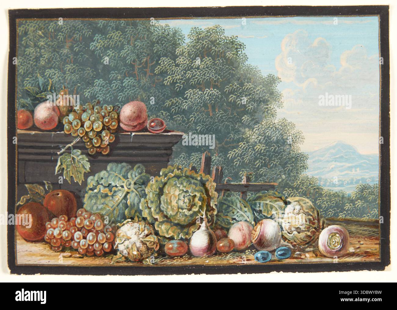Still life painting showing an arrangement of vegetables and fruits ...