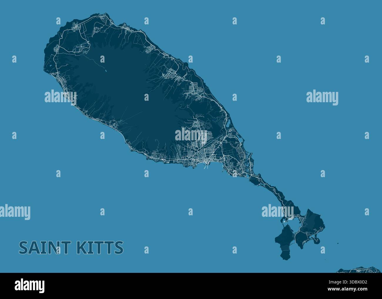 map of Saint Kitts and Nevis, rendered in shades of blue. The islands ...