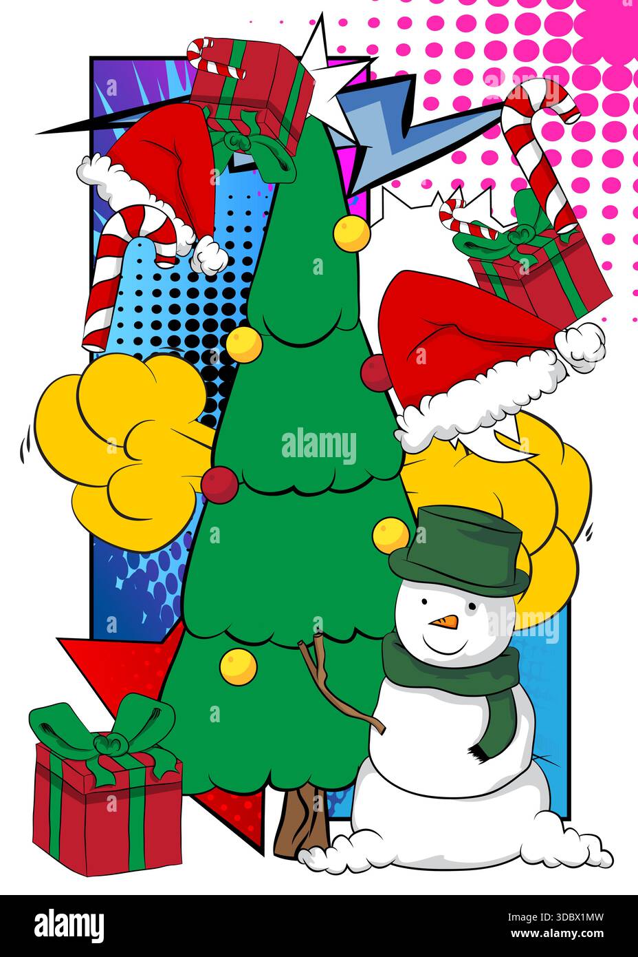 Cartoon Christmas decorated pine tree, Snowman, Gift Box, Candy cane ...
