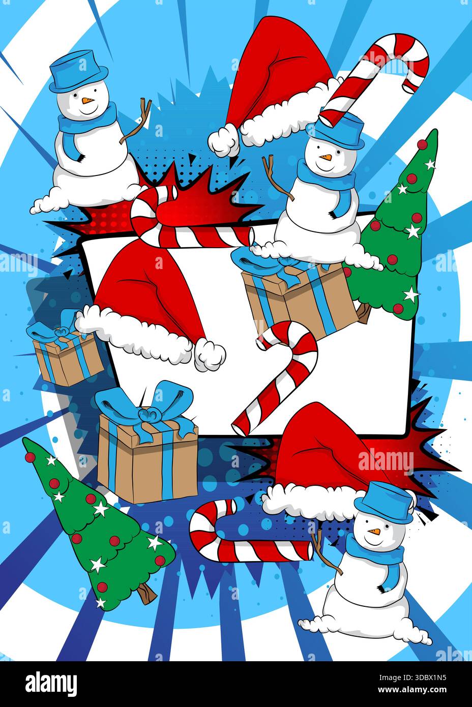 Cartoon Christmas decorated pine tree, Snowman, Gift Box, Candy cane ...