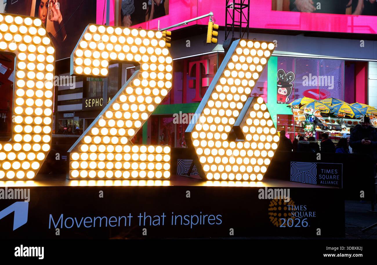 The 2026 New Year’s Eve numeral are seen on display in Times Square on ...