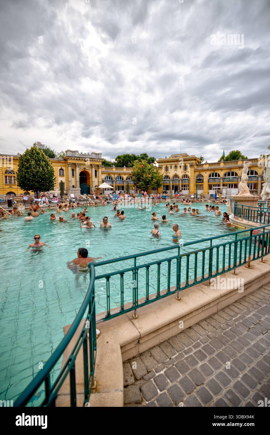 Outdoor pools with bathers at Széchenyi Thermal Bath, a Neo-Baroque spa ...