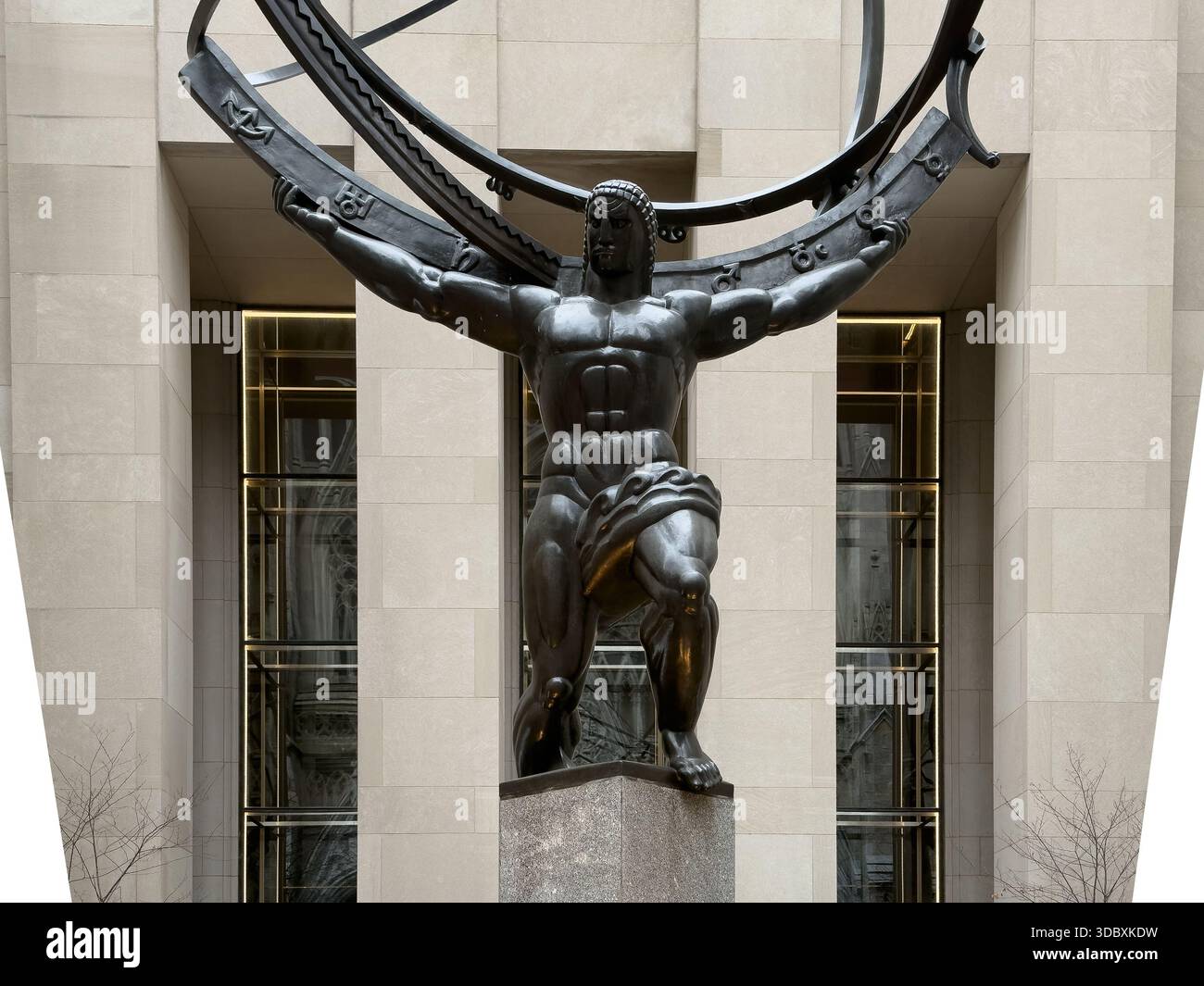 View of the bronze Atlas statue, with his muscular form straining ...