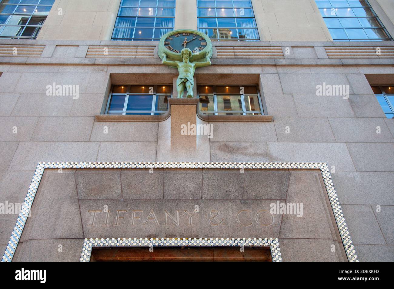 View of the Tiffany & Co. building's entrance, where the iconic Atlas ...
