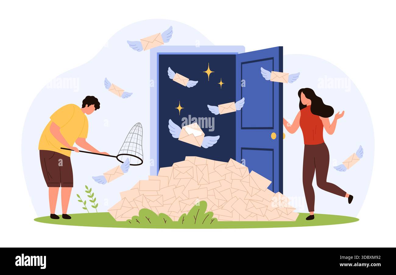 Cartoon people surrounded by a flood of flying spam envelopes ...