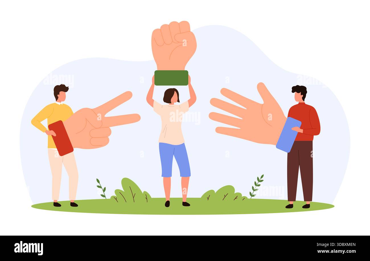 Cartoon people playing rock paper scissors game with large hand ...