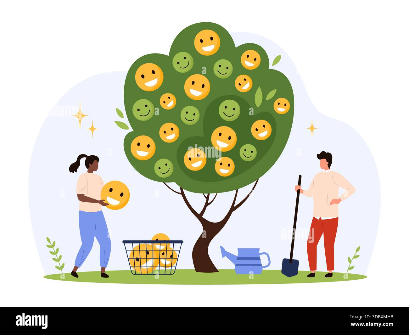 Smiling faces grow on a tree as two people nurture and harvest ...
