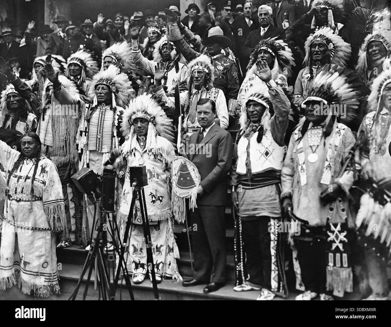 FILE - Mayor Joseph V. McKee, center, stands with Sioux chieftains, in ...
